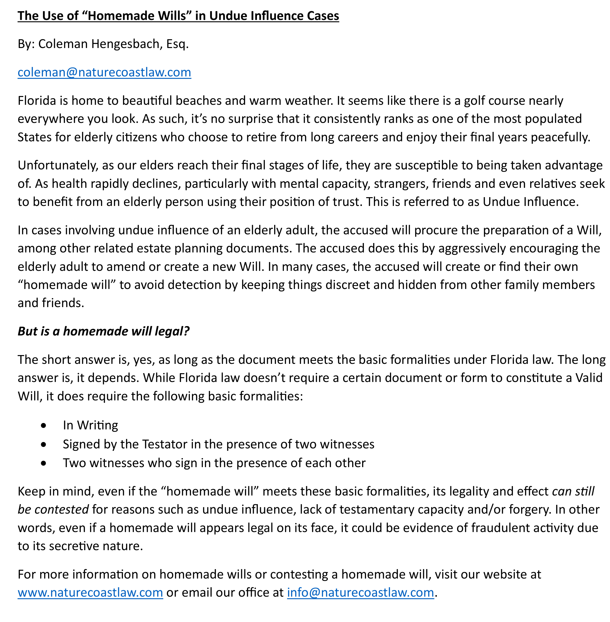 The Use of "Homemade Wills" in Undue Influence Cases - Spring Hill ...