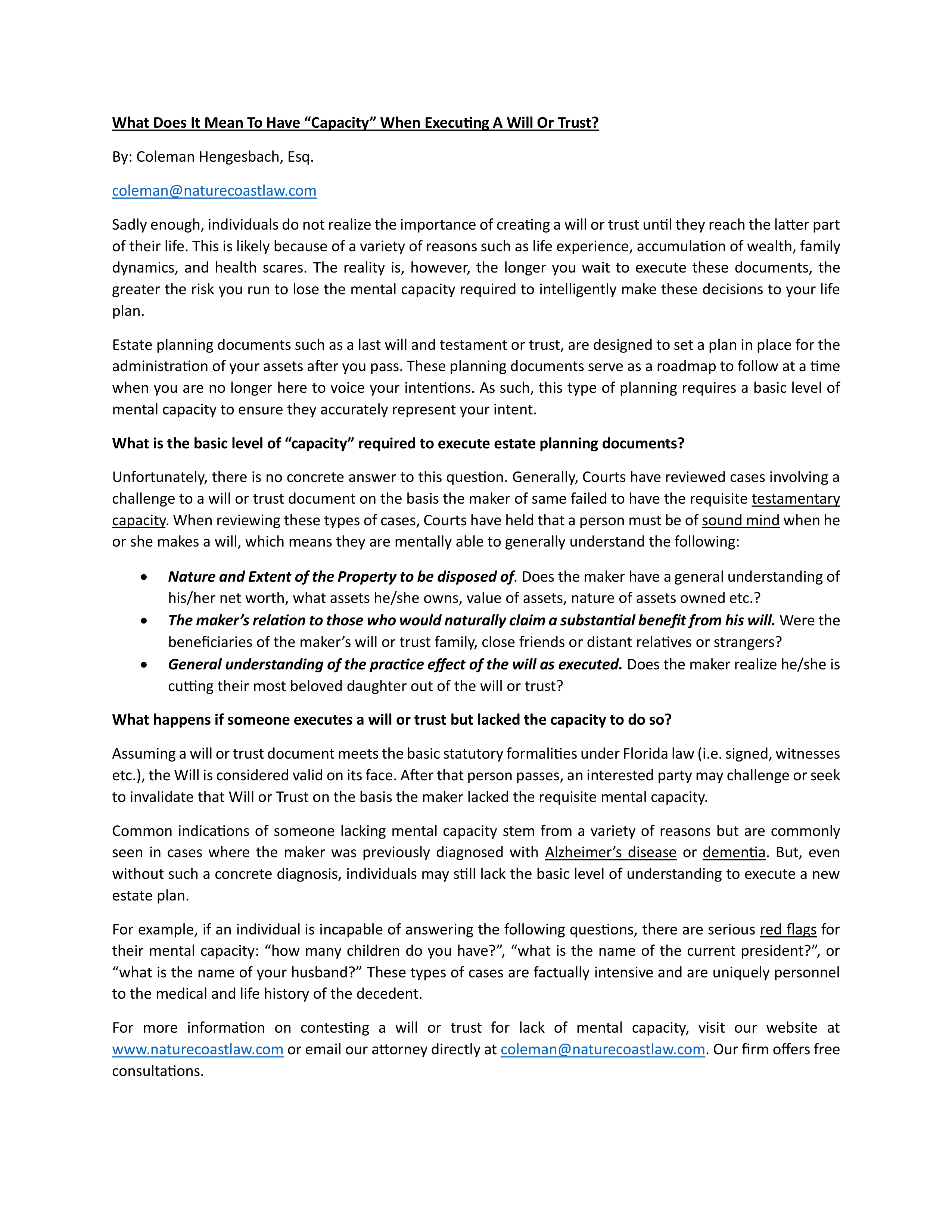 What Does It Mean To Have “Capacity” When Executing A Will Or Trust? - Spring Hill, Beverly ...